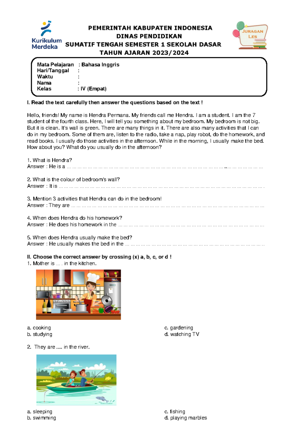 Soal PTS -STS Bahasa Inggris Kelas 4 Semester 1 Kurikulum Merdeka T.A 2023-2024 - juraganles ...