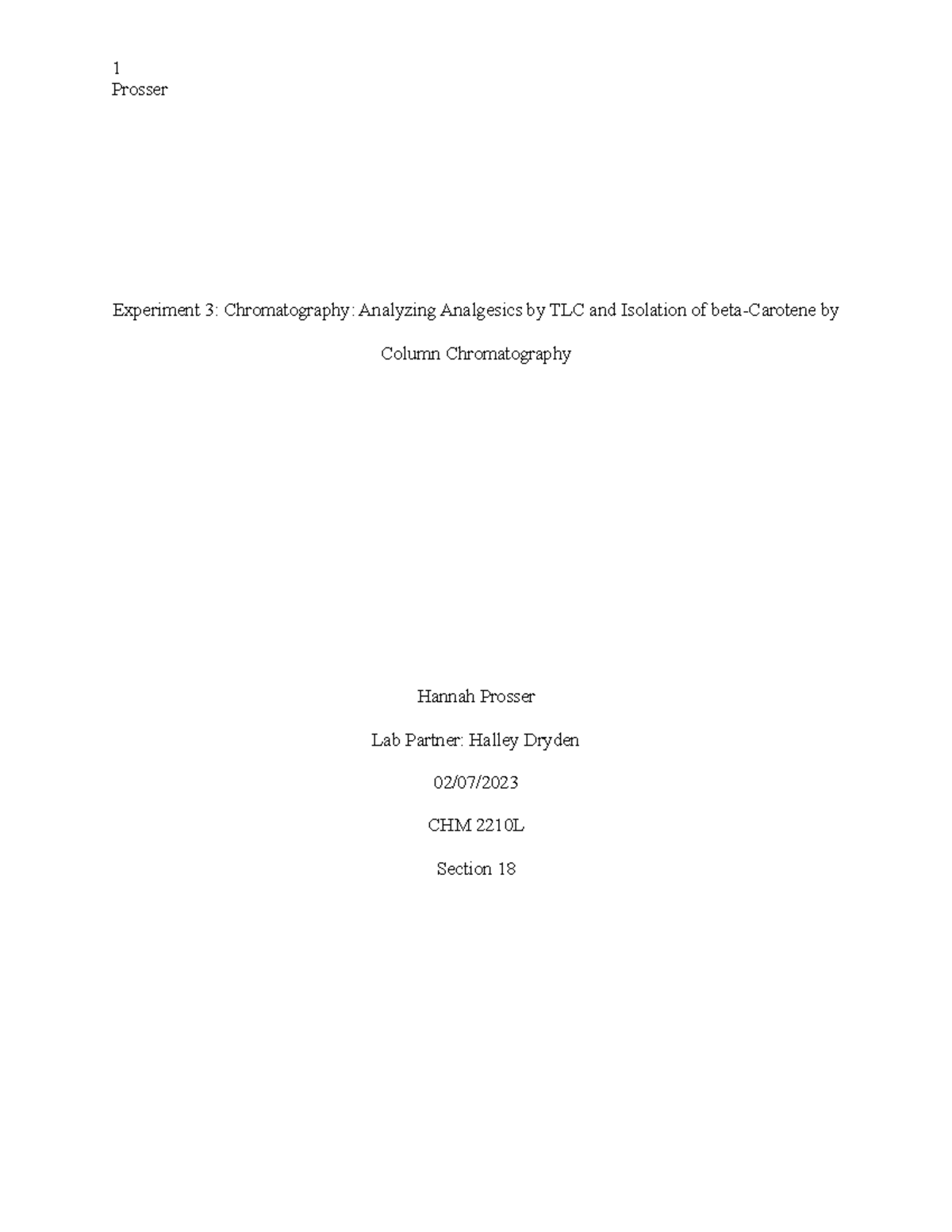 Final post lab 3 - Prosser Experiment 3: Chromatography: Analyzing ...