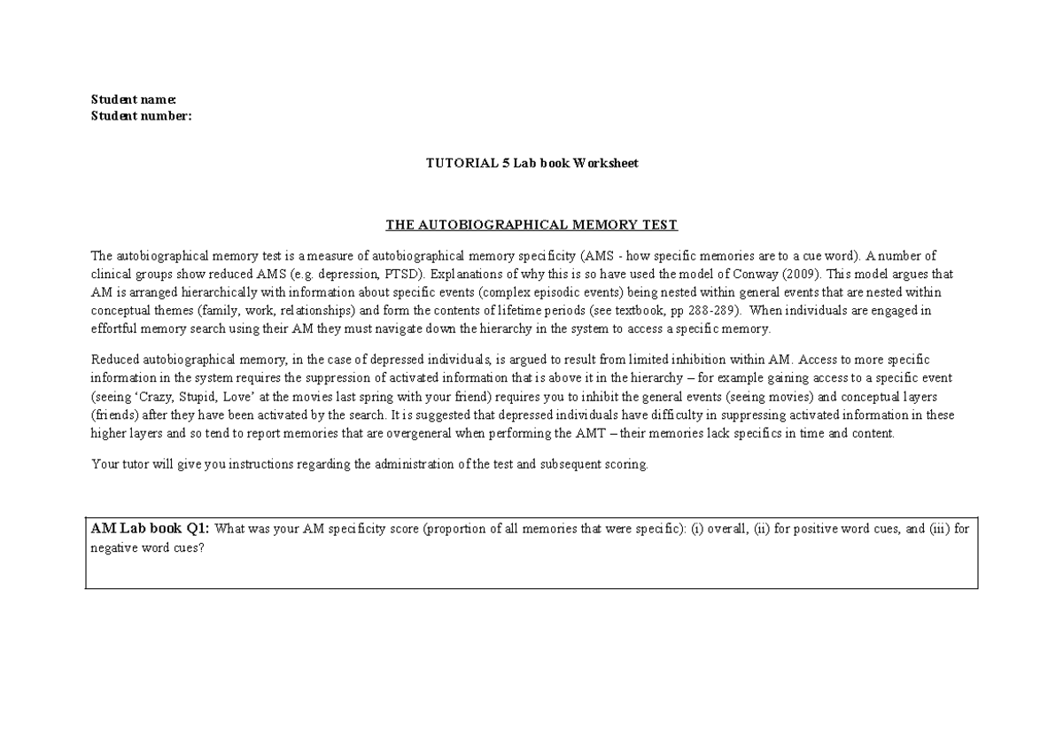 Tutorial 5 - Student name: Student number: TUTORIAL 5 Lab book ...