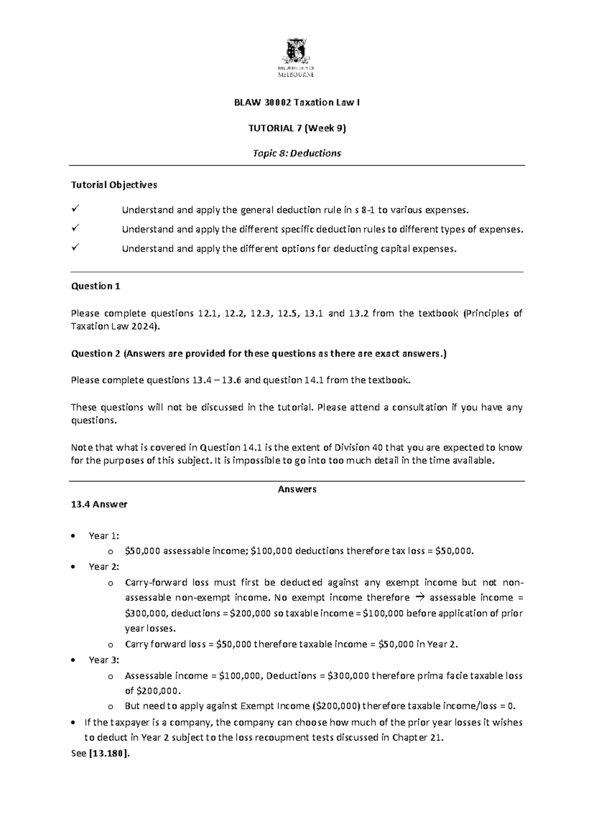 Tutorial 7 (Week 9) answers - BLAW 30002 Taxation Law I TUTORIAL 7 (Week 9 ) Topic 8 ...