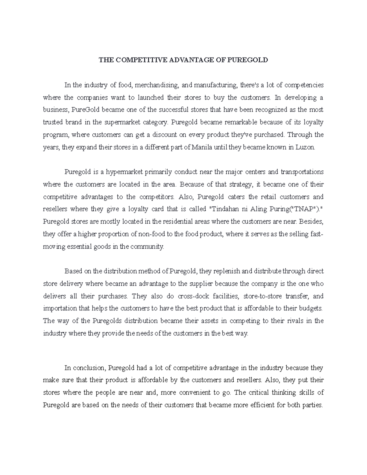 Competitive Advantage & Attractiveness OF Puregold - Business 01 ...