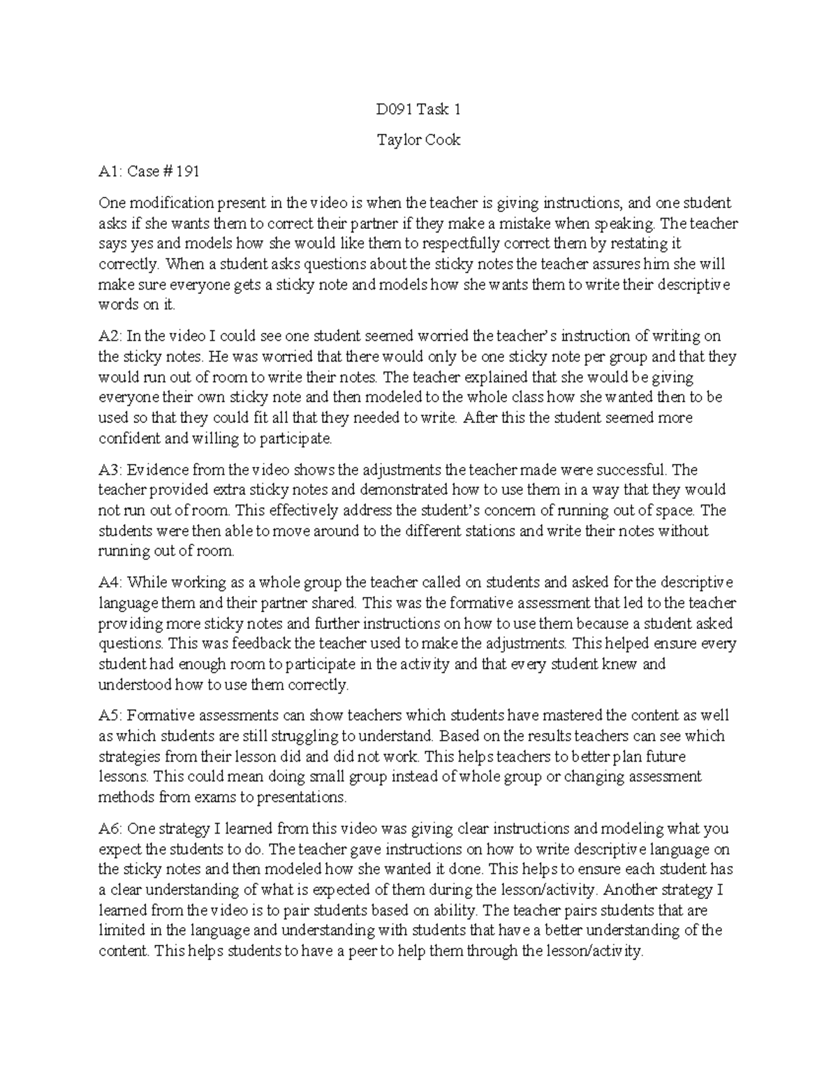 D091 Task 1 - passed on first submission no revision needed - D091 Task 1 Taylor Cook A1: Case ...