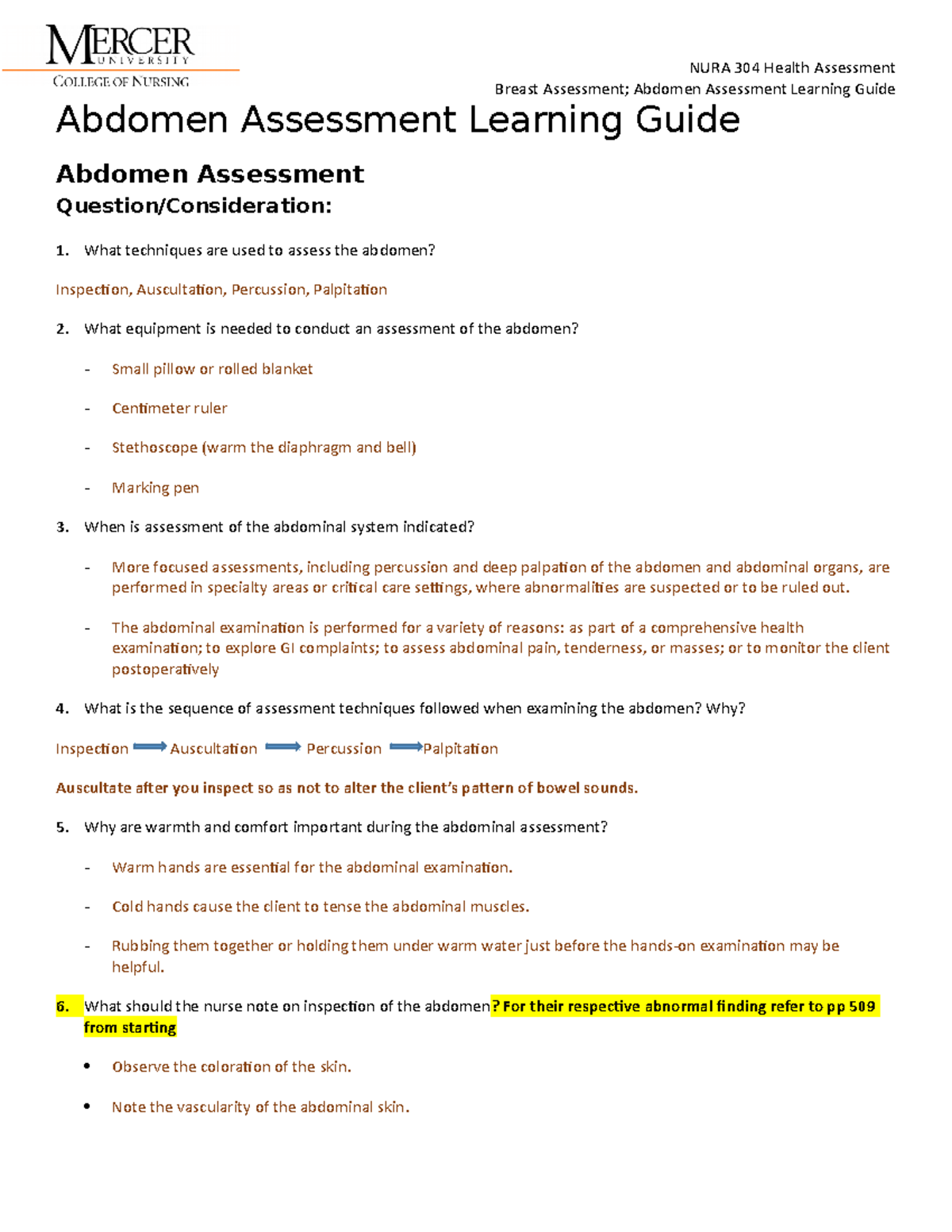 NURA 304 Abdomen Assessment Learning Guide SU22 - Breast Assessment ...