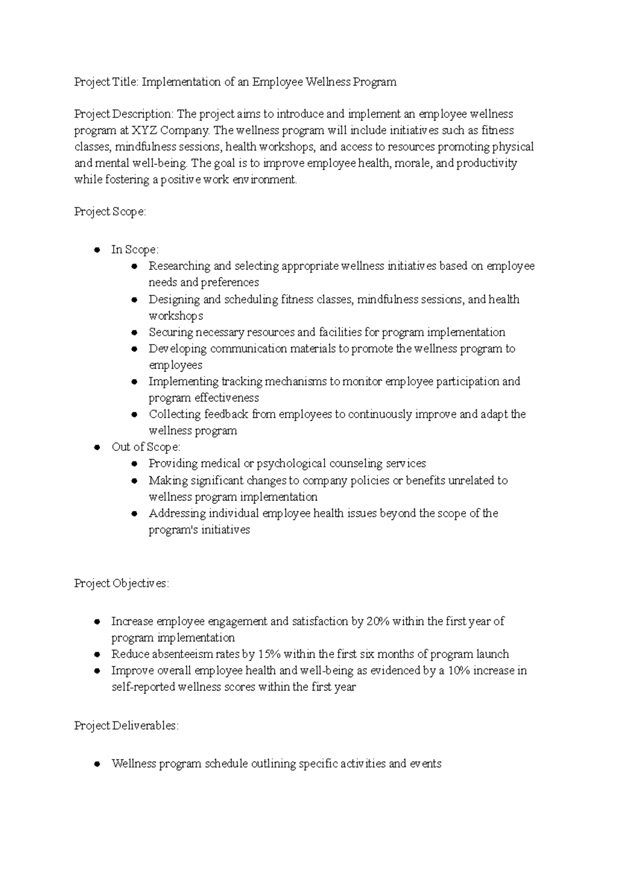 Project Title Implementation of an Employee Wellness Program - The ...