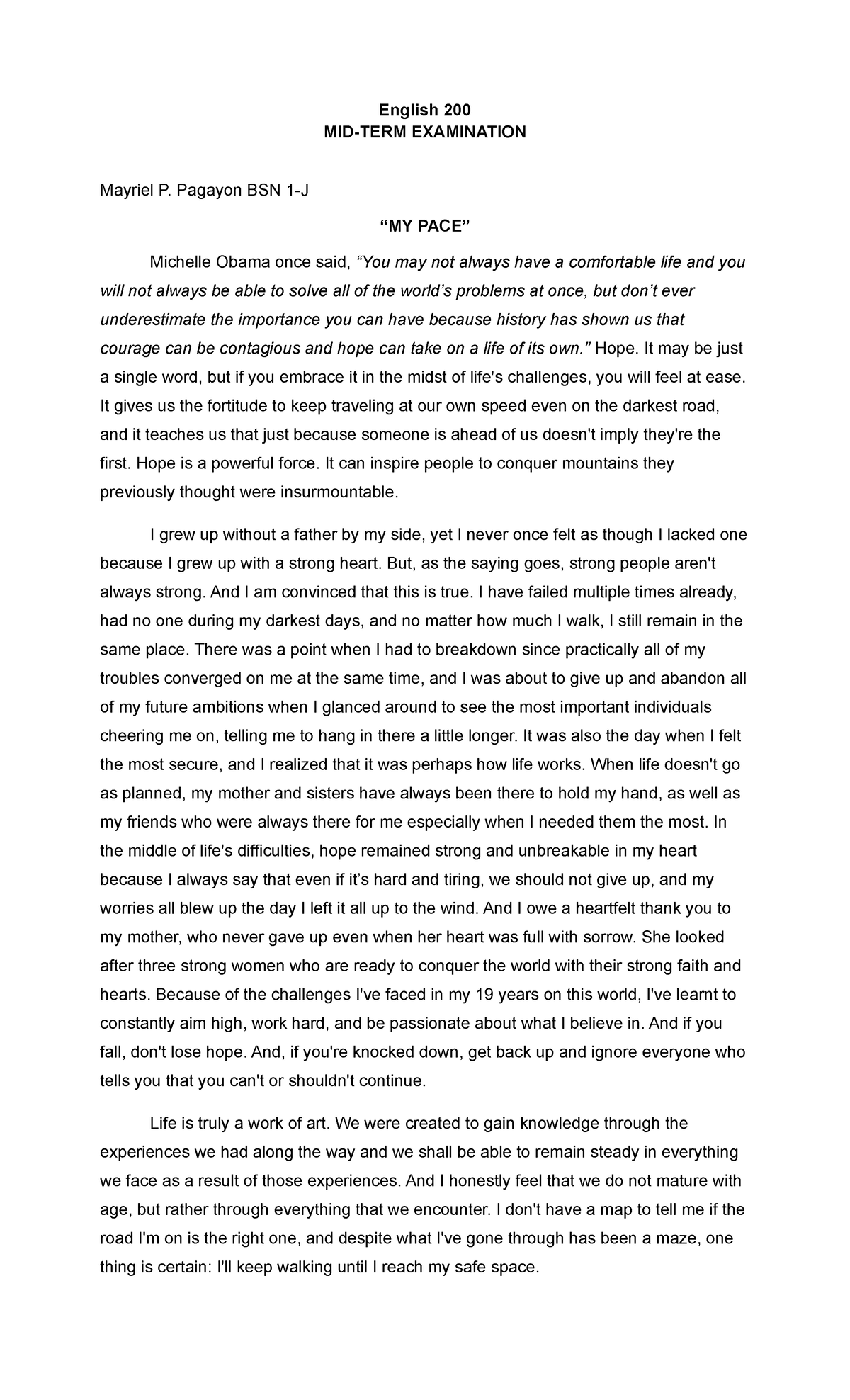 English Essay free - English 200 MID-TERM EXAMINATION Mayriel P ...