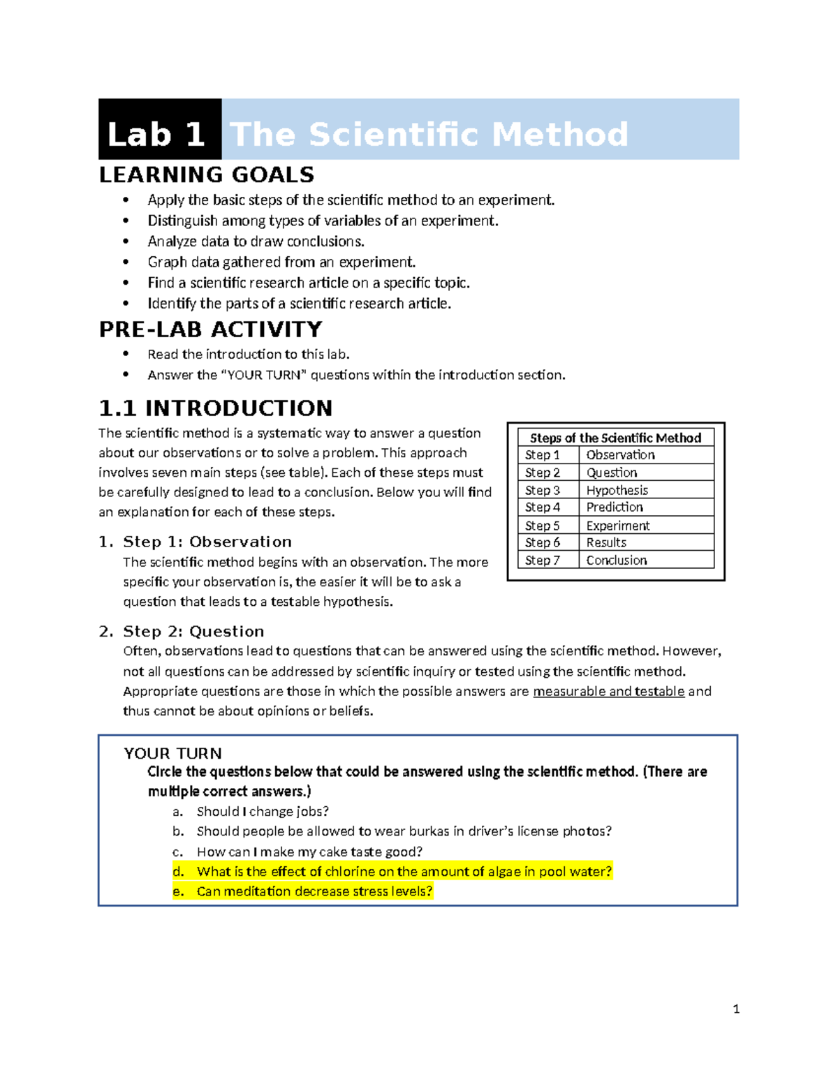 Lab 1 pre-lab work correction - Lab 1 The Scientific Method LEARNING GOALS Apply the basic steps ...