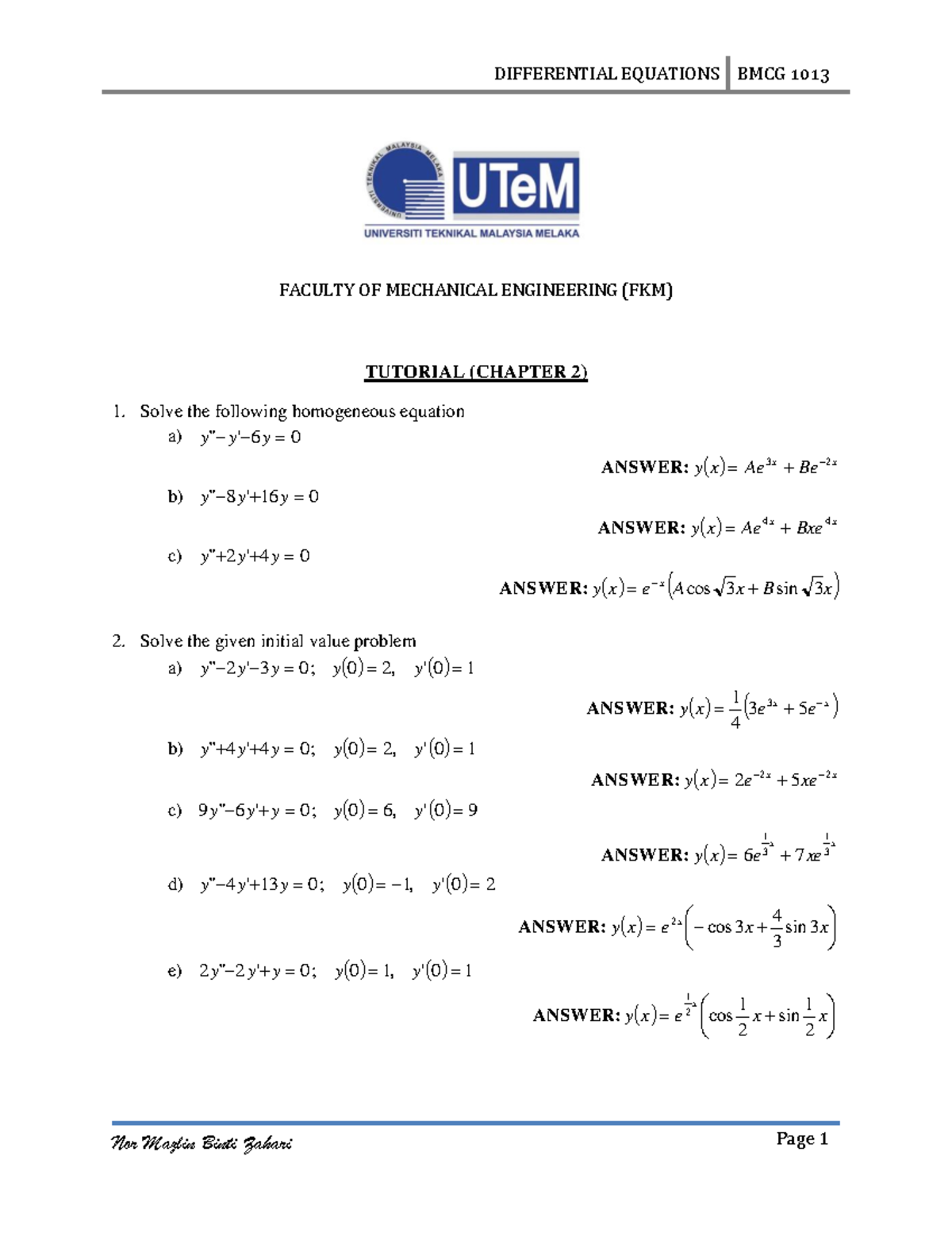 Chapter 2 Tutorial a - DIFFERENTIAL EQUATIONS BMCG 1013 Nor Mazlin ...