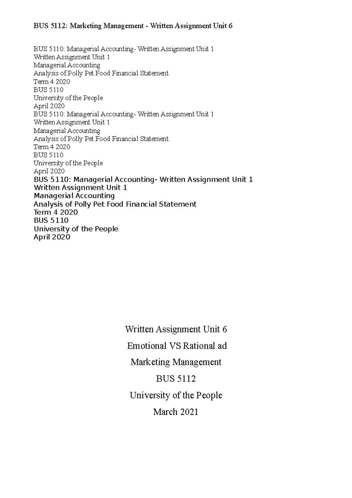 Bus 5112 Marketing Management written assignment unit 6 - BUS 5112: Marketing Management ...