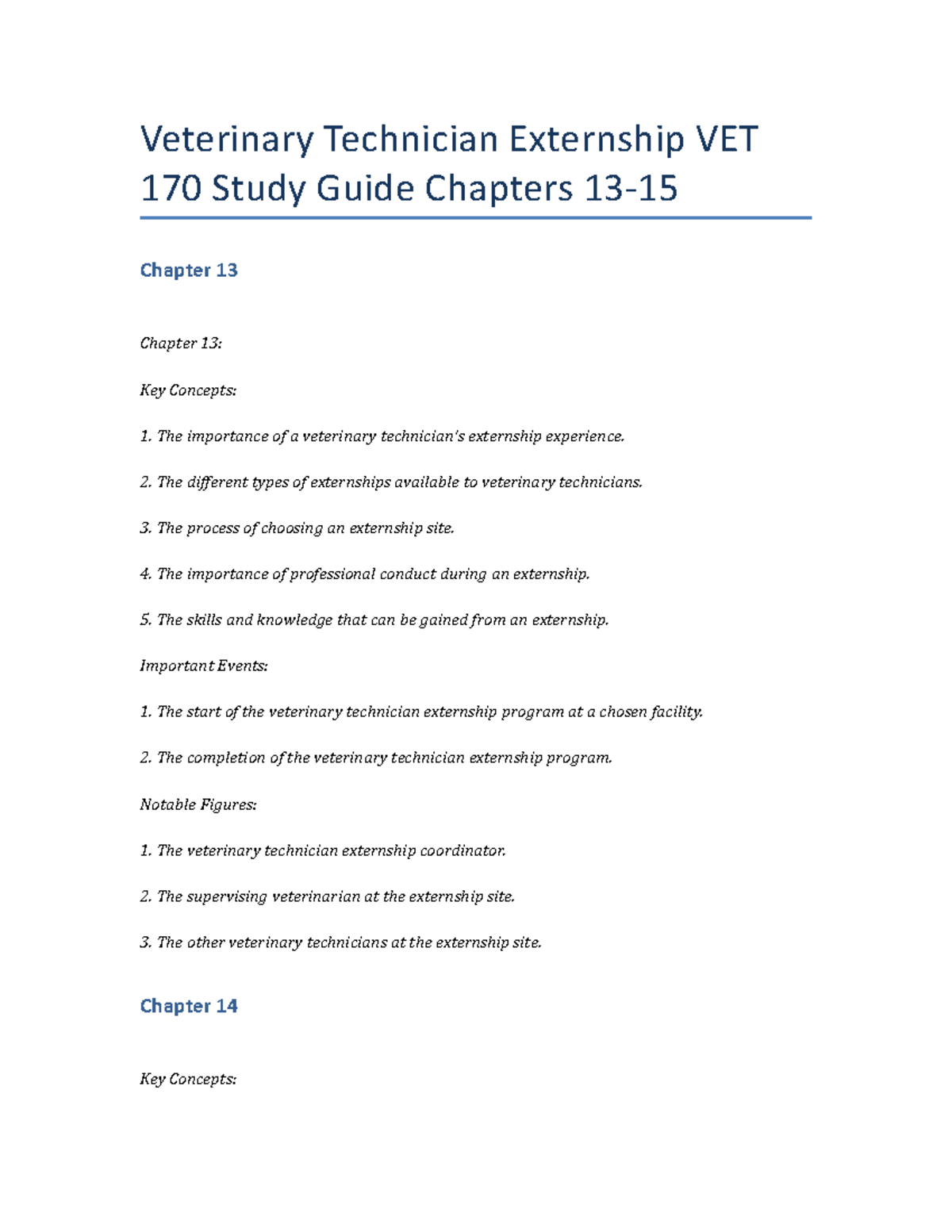 Veterinary Technician Externship VET 170 Study Guide Chapters 13-15 ...