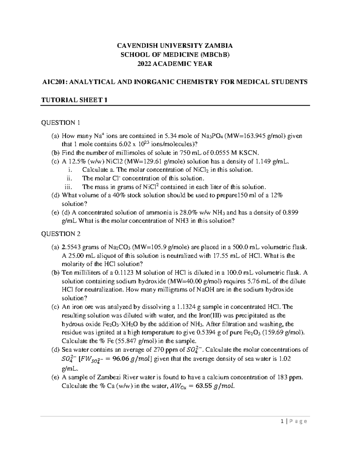 AIC201 Tutorial Sheet 1 - 1 | P a g e CAVENDISH UNIVERSITY ZAMBIA SCHOOL OF MEDICINE (MBChB ...