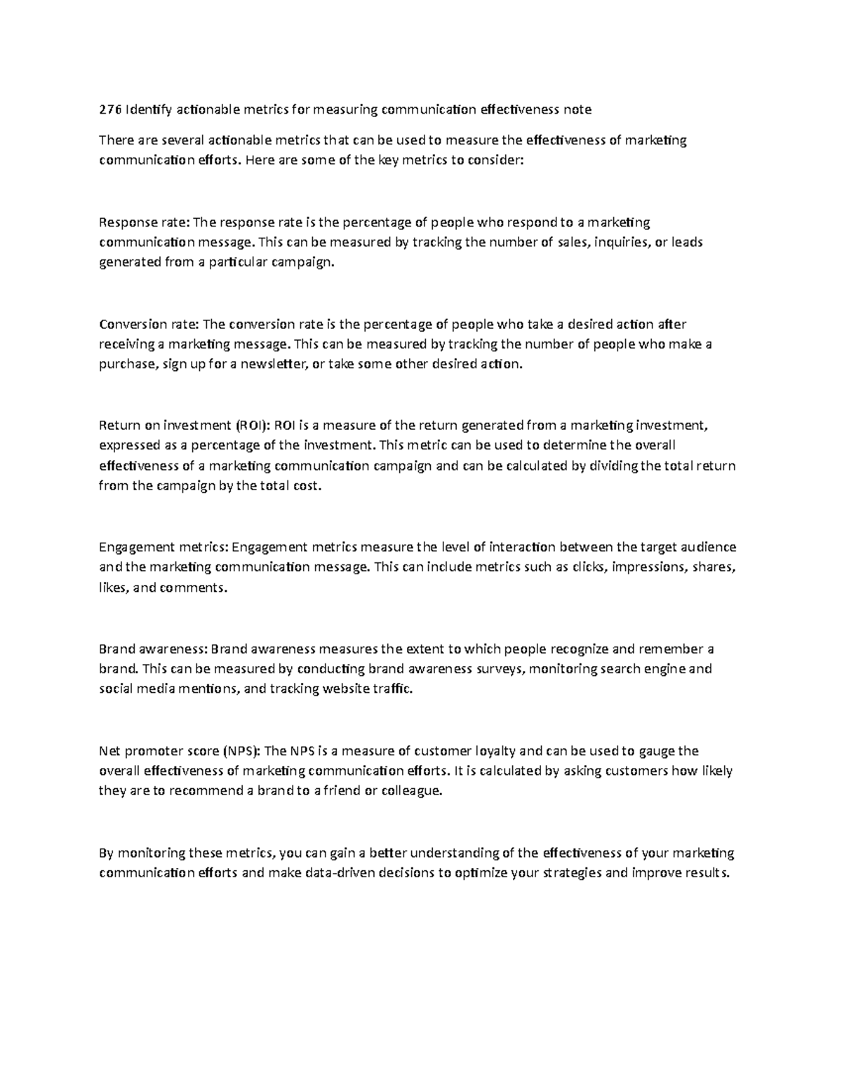 276 Identify actionable metrics for measuring communication ...