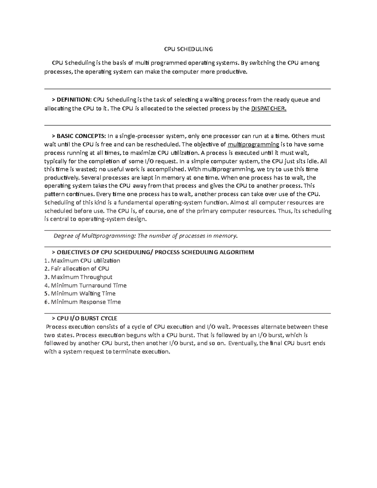 Cpu Scheduling Notes Cpu Scheduling Cpu Scheduling Is The Basis Of Multi Programmed Operating