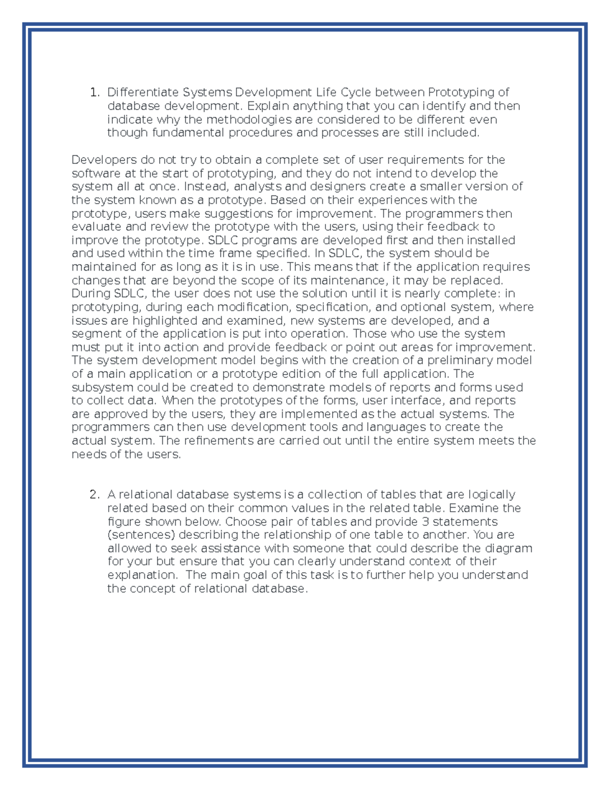 Advance Database Systems - Assignment 01 - Differentiate Systems Development Life Cycle between ...