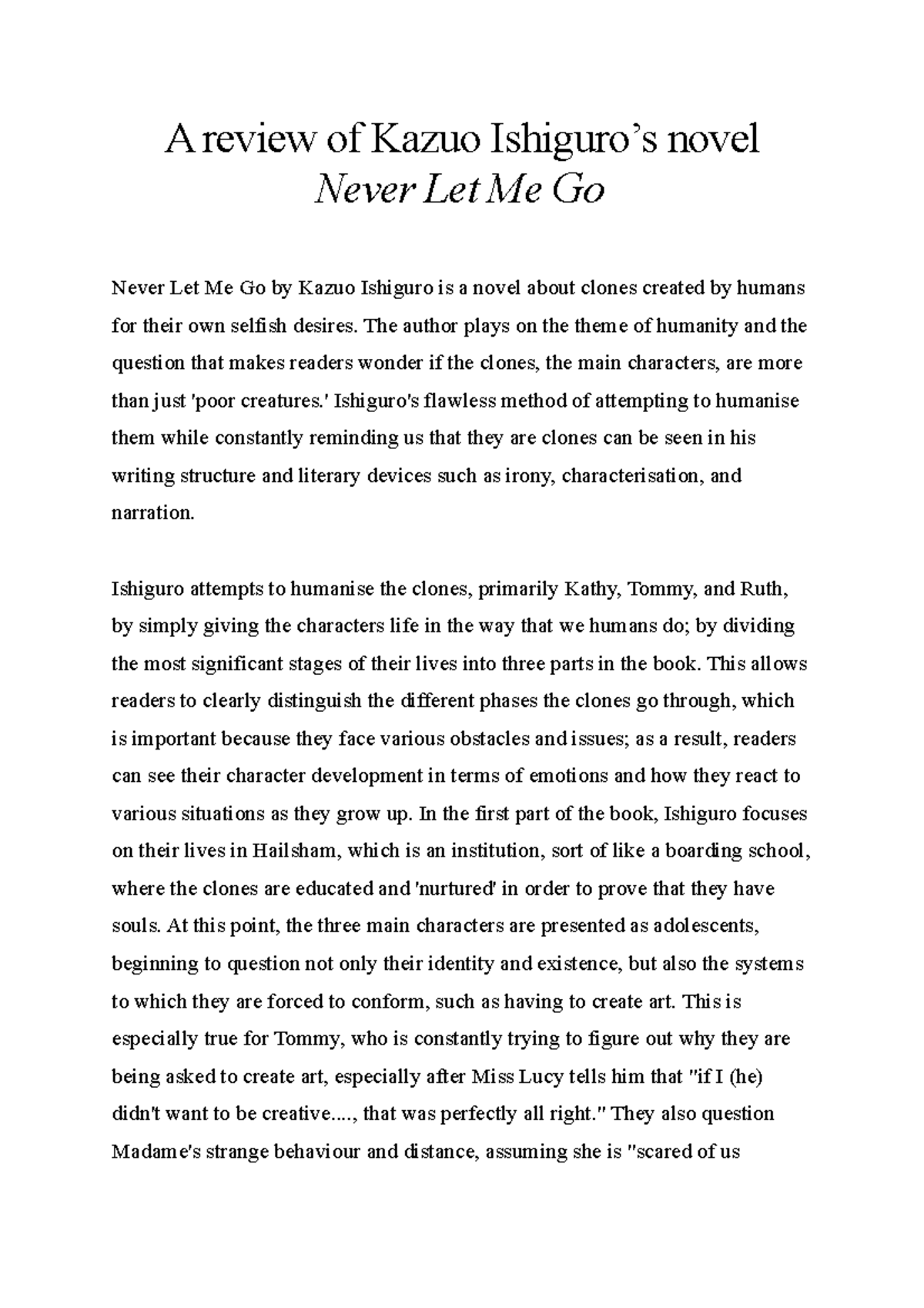 A review of Kazuo Ishiguro’s novel Never Let Me Go - A review of Kazuo ...