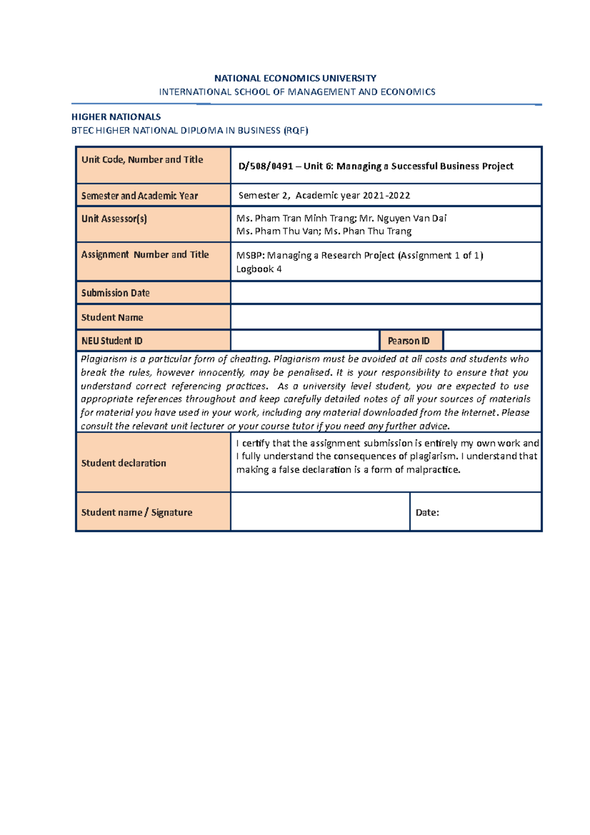 Logbook 4 - MSBP - National Economics University - NATIONAL ECONOMICS ...