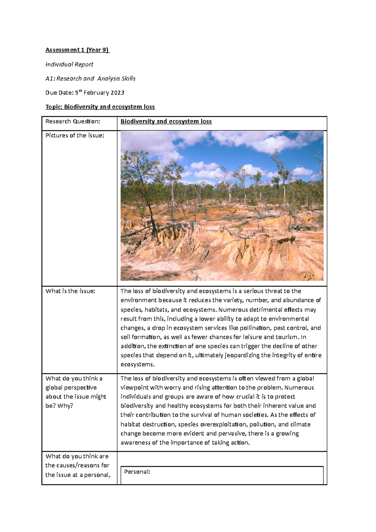 Year 9 Assessment answers - Assessment 1 (Year 9) Individual Report A1 ...
