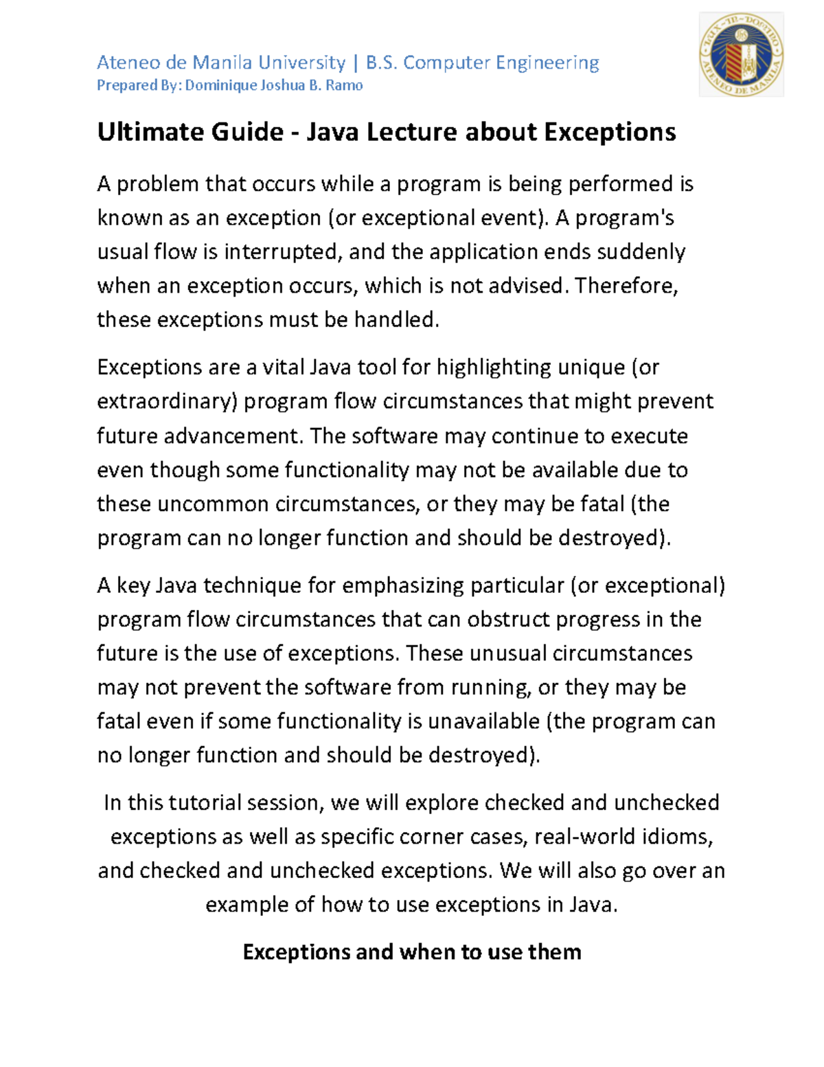 Study Guide - Java Lecture about Exceptions - Prepared By: Dominique ...