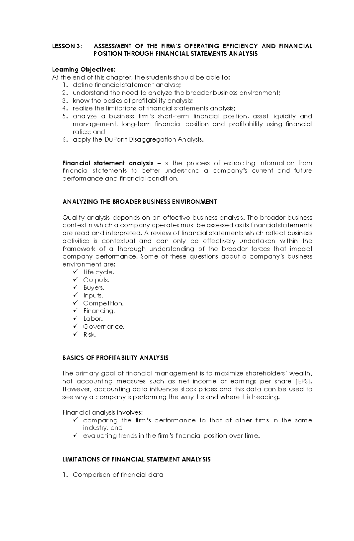 Lesson-3 - Financial Management Lesson-3 - LESSON 3: ASSESSMENT OF THE ...