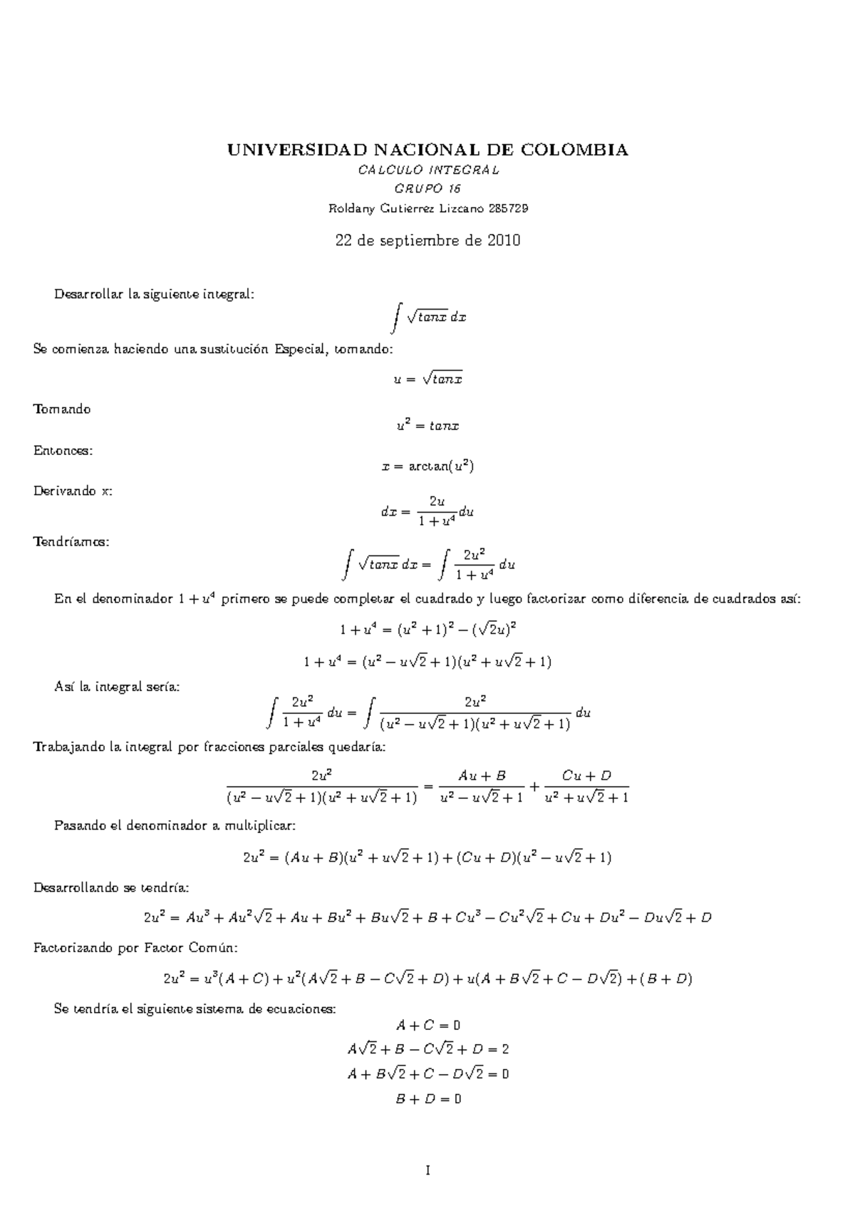 Integral Raiz cuadrada de Tangente del ángulo - UNIVERSIDAD NACIONAL DE COLOMBIA CALCULO ...