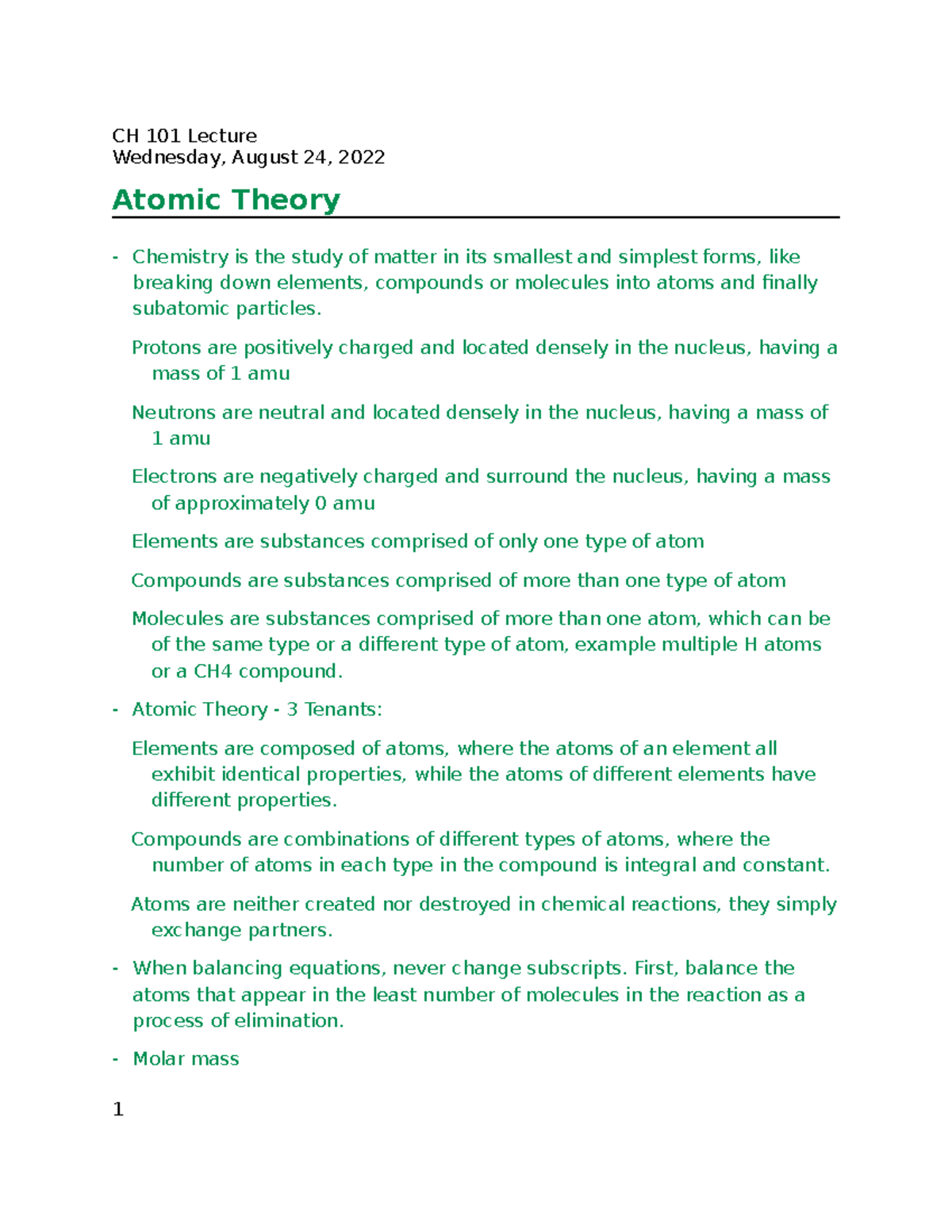 CH 101 Lecture Week 1 - Chemistry 101 Dr. Travis Varner - CH 101 ...