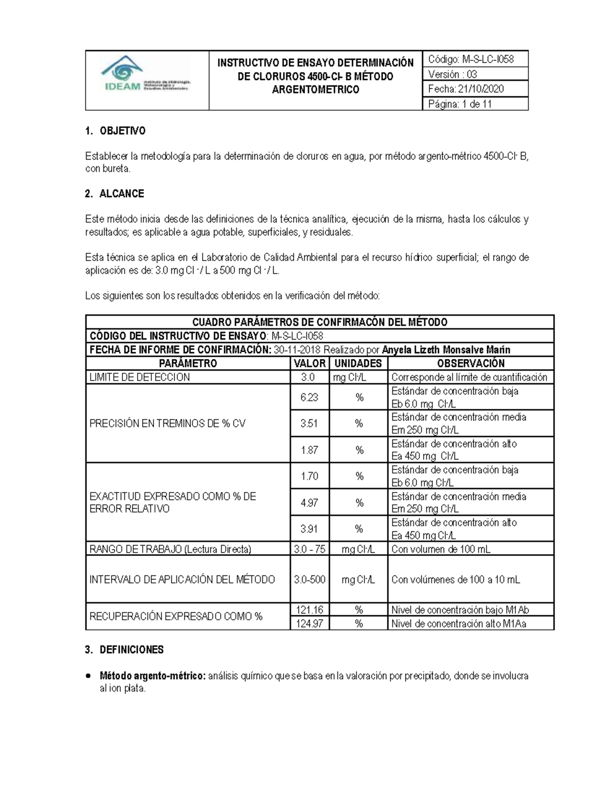 Determinación DE Cloruros - INSTRUCTIVO DE ENSAYO DETERMINACI”N DE CLORUROS 4500-Cl- B M.. - Studocu