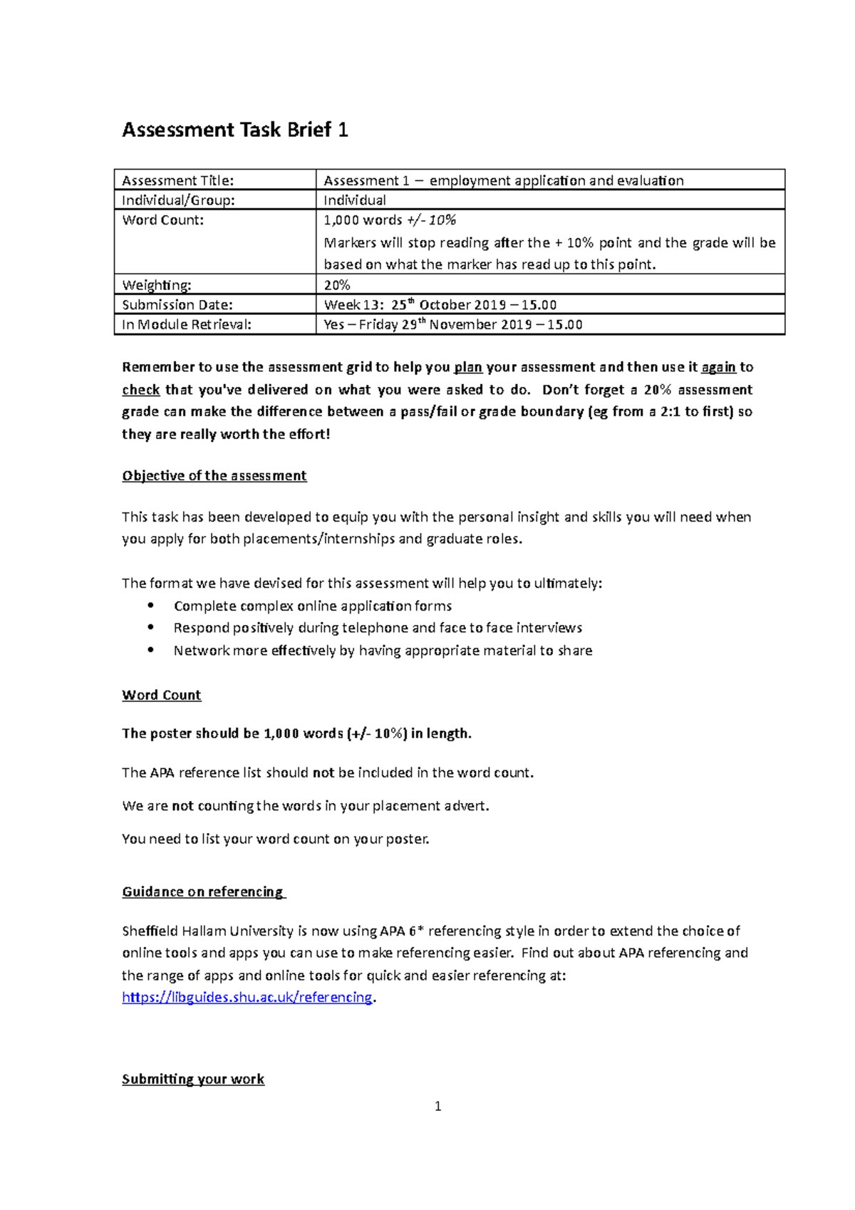 Poster Assessment 1 Brief - Assessment Task Brief 1 Assessment Title ...