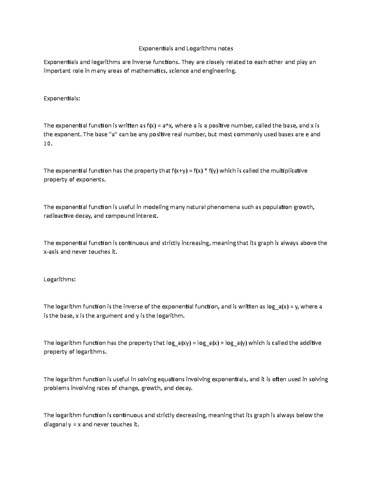 Exponentials And Logarithms Notes Exponentials And Logarithms Are Inverse Functions They Are