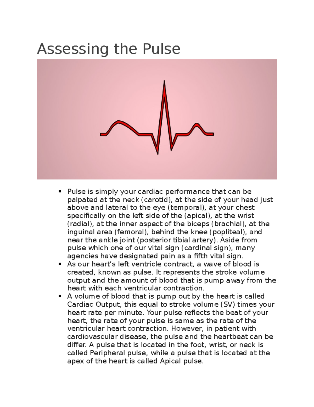 Assessing the Pulse - Aside from pulse which one of our vital sign ...