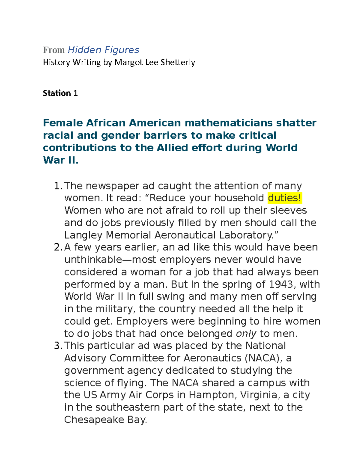 Hidden Figures Station 1 - From Hidden Figures History Writing by ...