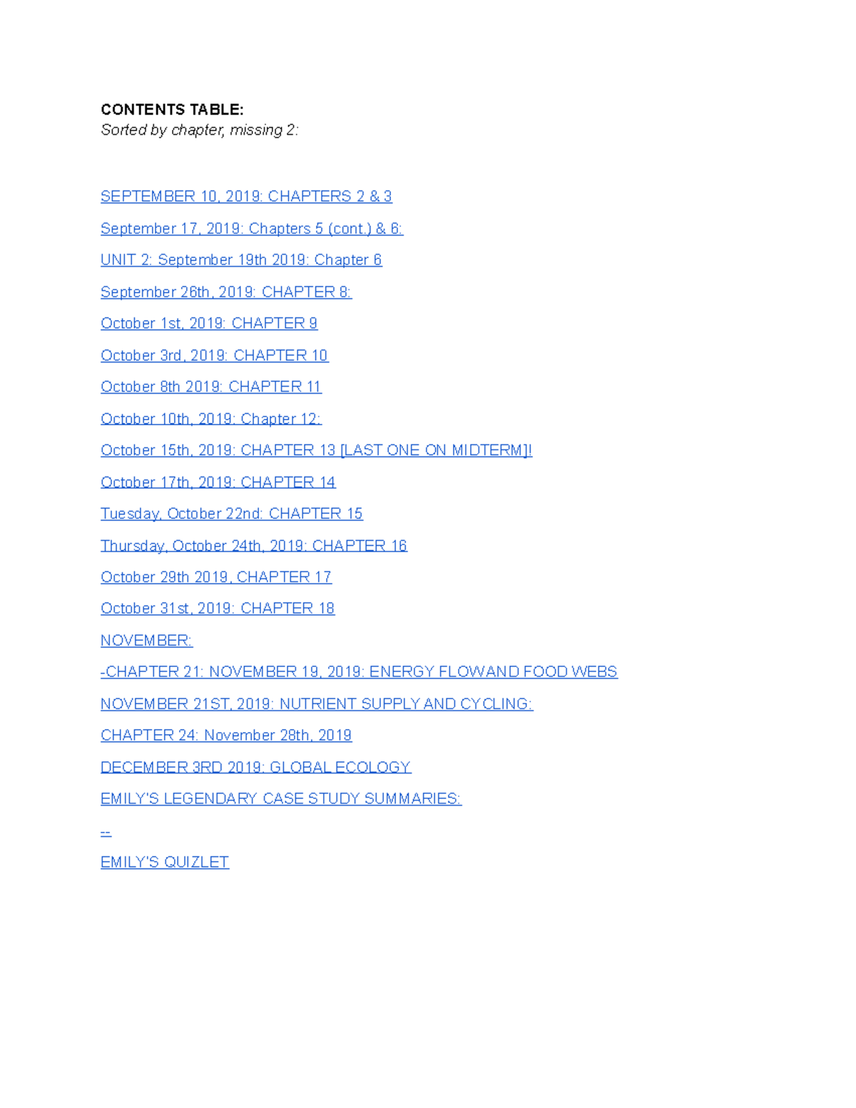 Ecology-Notes - Ecology - CONTENTS TABLE: Sorted by chapter, missing 2 ...