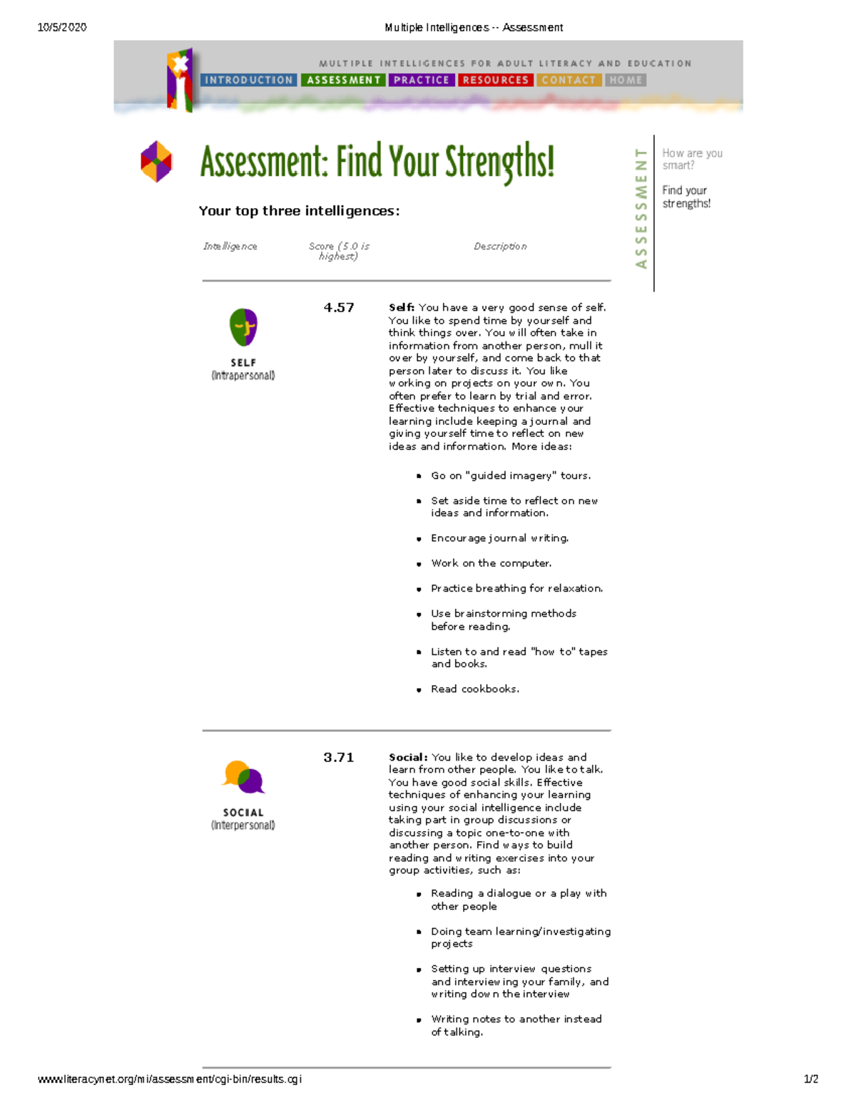 Multiple Intelligences - Assessment - 10/5/2020 Multiple Intelligences ...