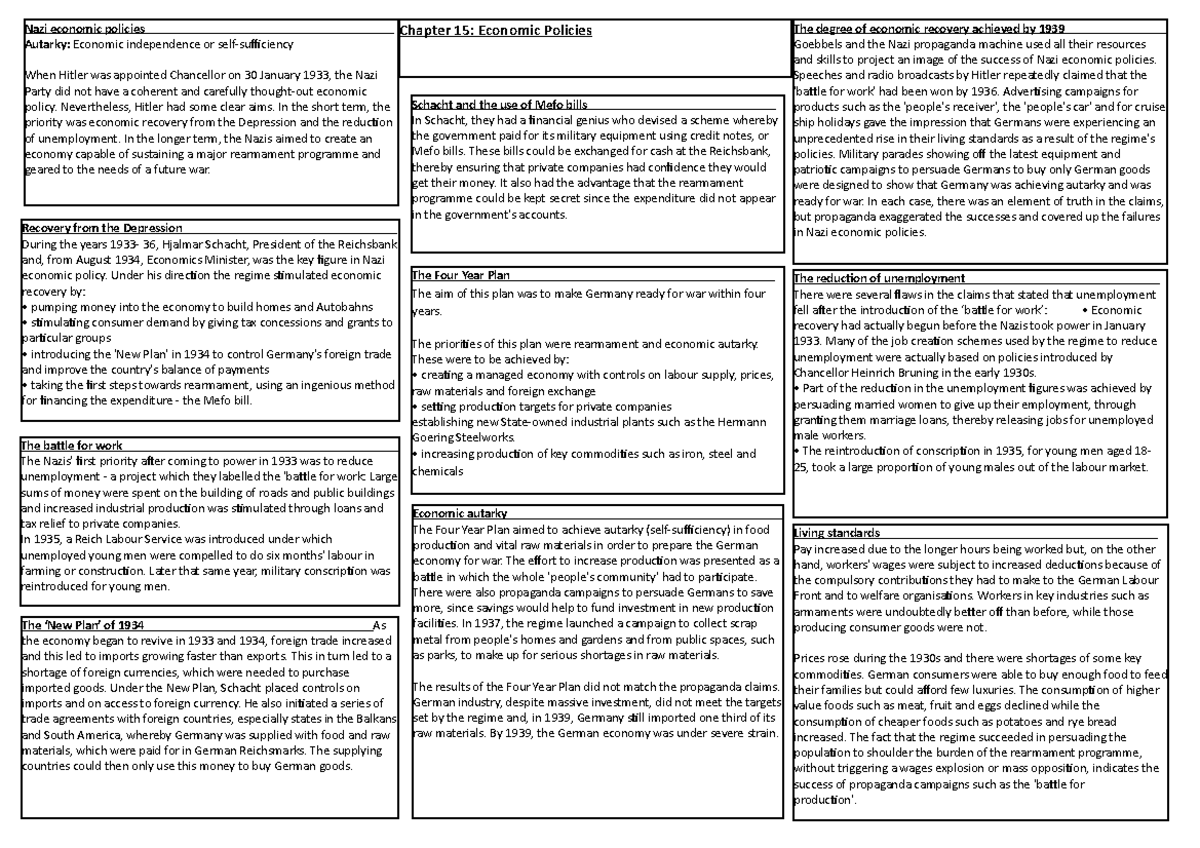 Chapter 15 Economic Policies - Nazi economic policies Autarky: Economic ...
