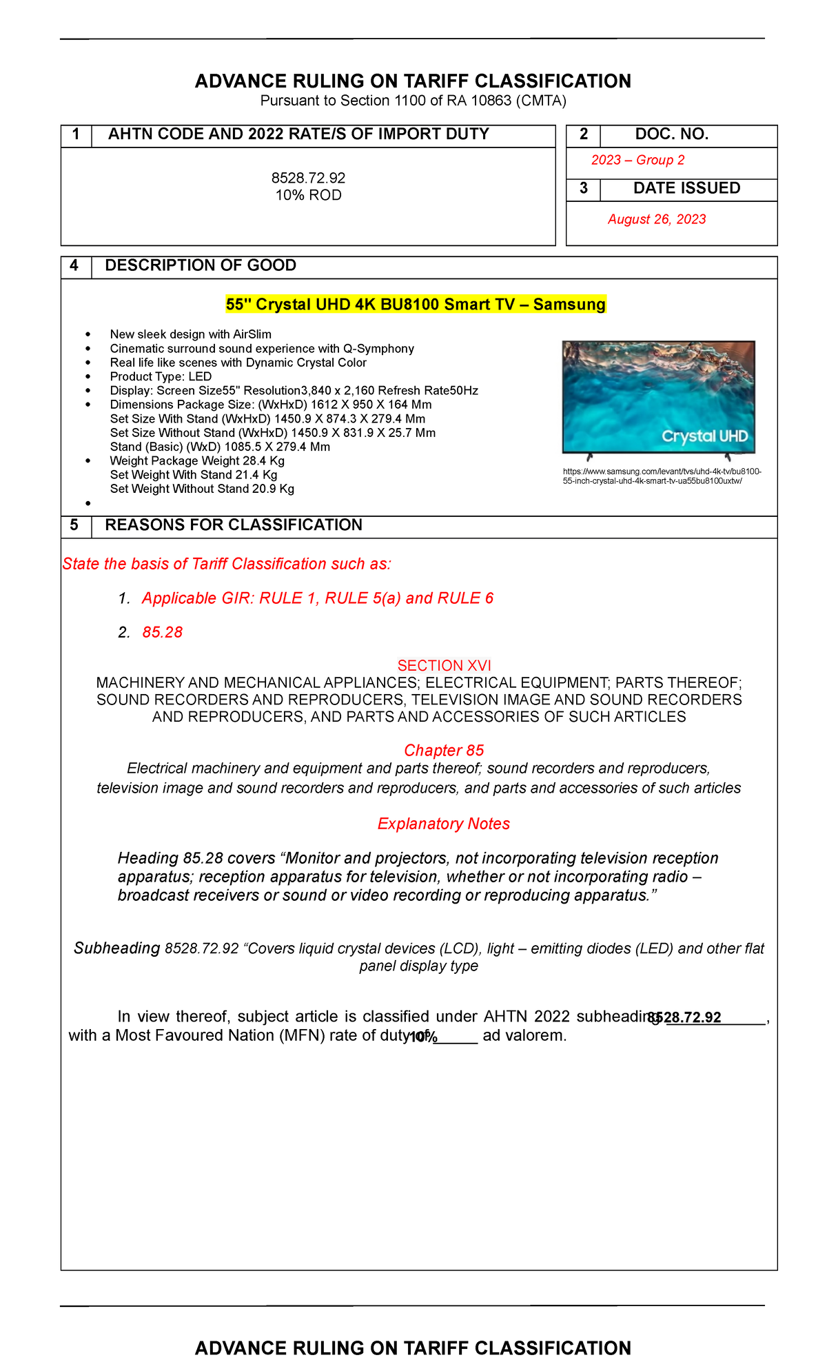ADV ELC 1 Finals Group 2 3T - ADVANCE RULING ON TARIFF CLASSIFICATION ...