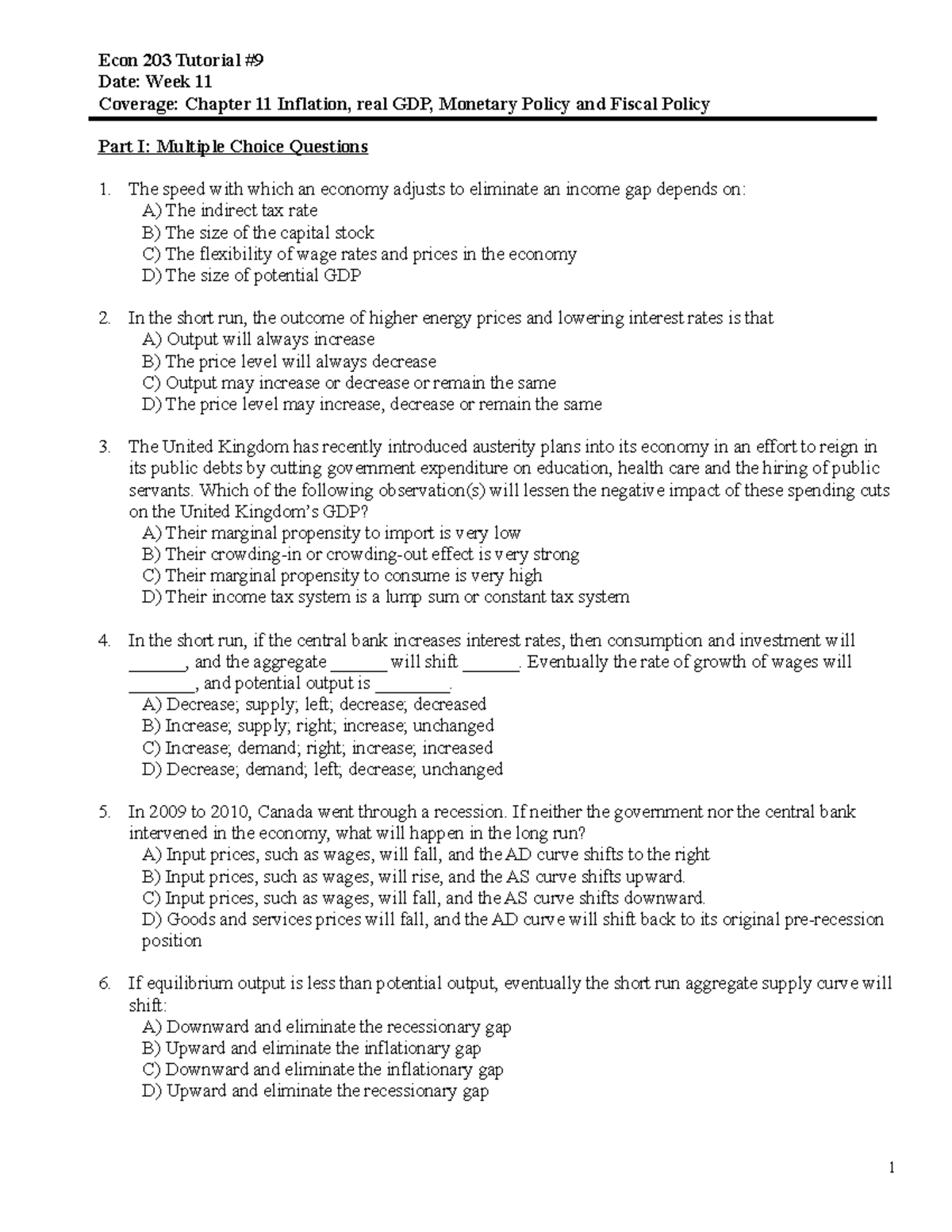 203-tutorial-9 - Tutorial 9 - Econ 203 Tutorial # Date: Week 11 Coverage: Chapter 11 Inflation ...