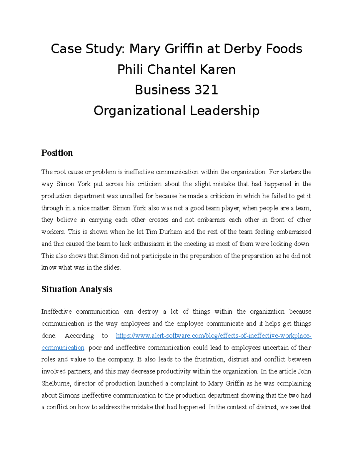 Mary griffiths Case Study wk 3 Phili Karen - Case Study: Mary Griffin at Derby Foods Phili ...