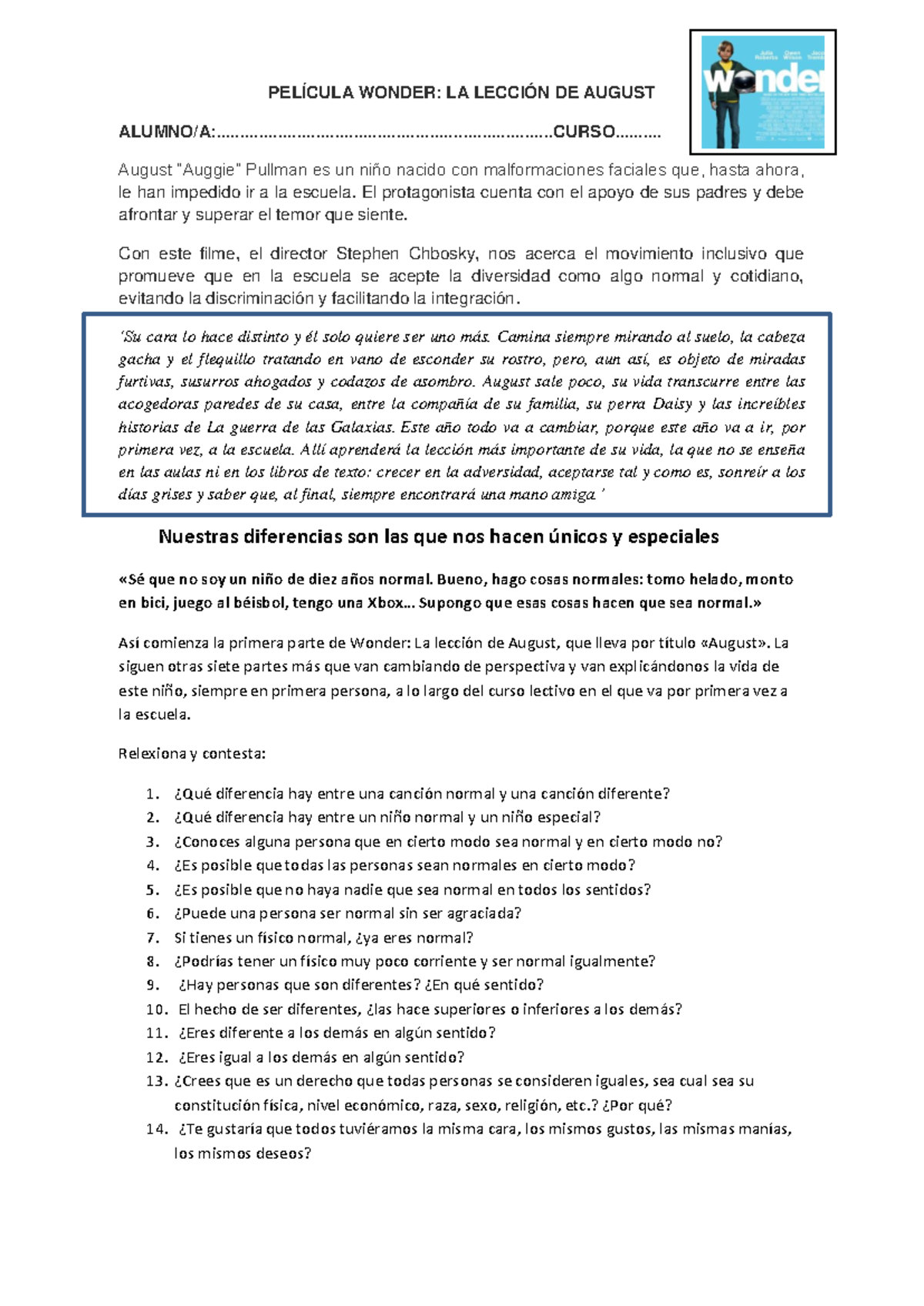 Ficha Película Wonder - PELÍCULA WONDER: LA LECCIÓN DE AUGUST - Studocu