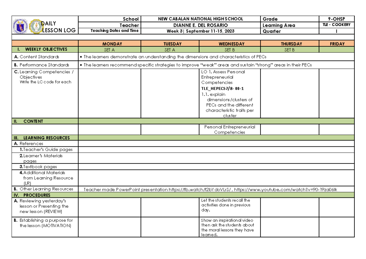 G9 OHSP Q1 WEEK 3 SEP11 15 DLL - DAILY LESSON LOG School NEW CABALAN NATIONAL HIGH SCHOOL Grade ...