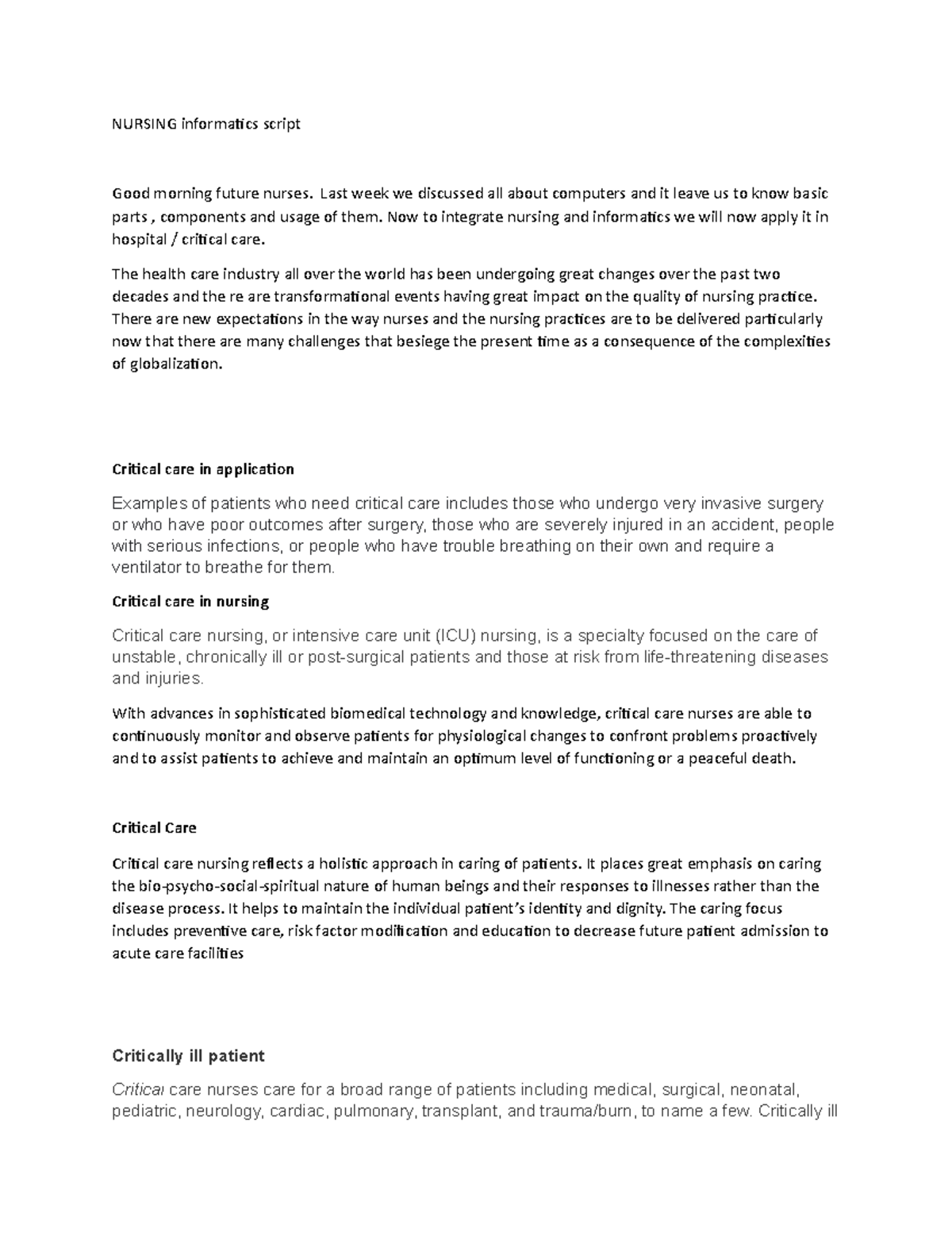 Nursing informatics script - NURSING informatics script Good morning ...