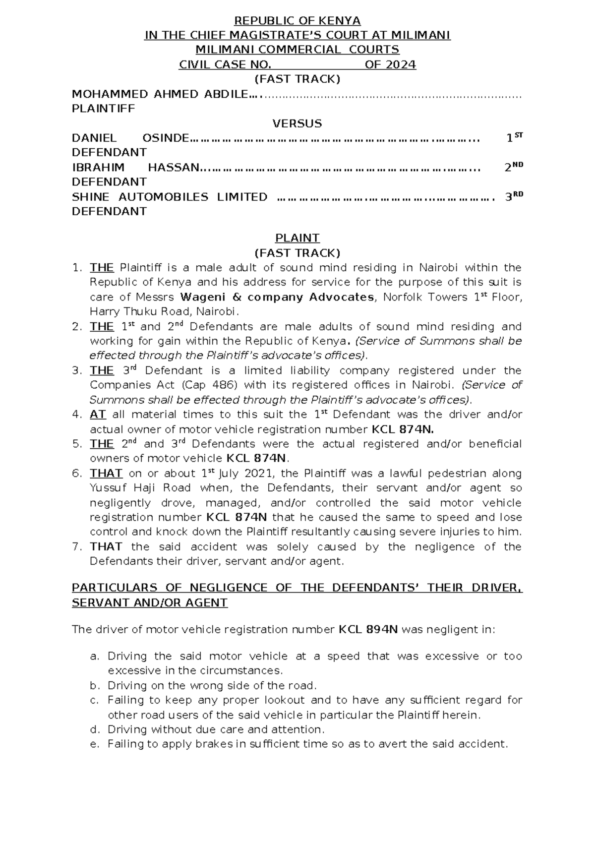 Mohammed Abdile Plaint - REPUBLIC OF KENYA IN THE CHIEF MAGISTRATE’S ...