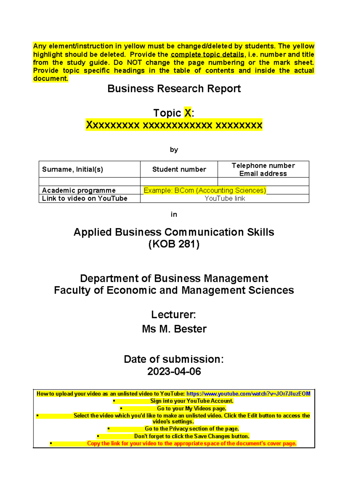 Business research report template - Any element/instruction in yellow ...