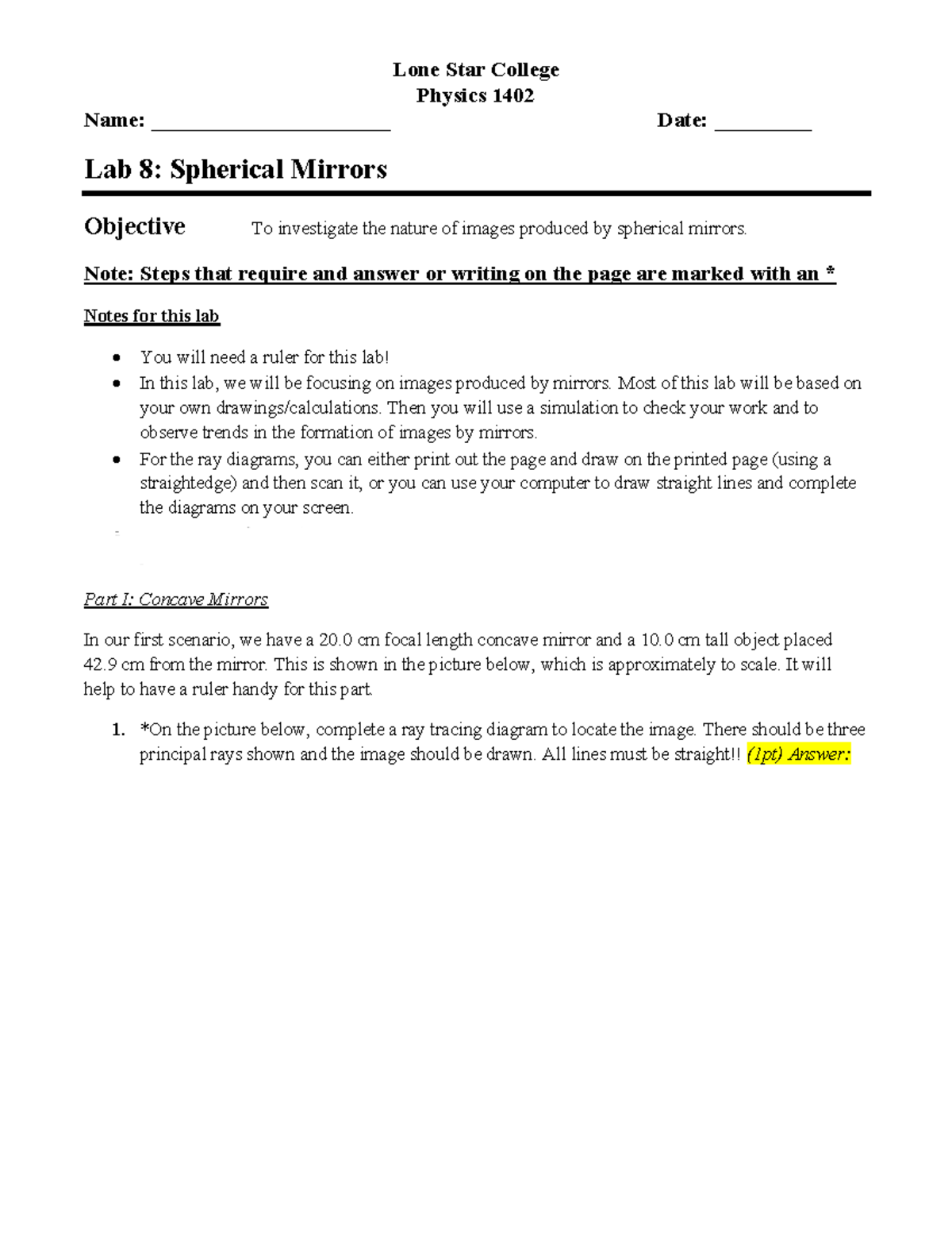 Lab 8 - Spherical Mirrors (1) - Lone Star College Physics 14 02 Name ...