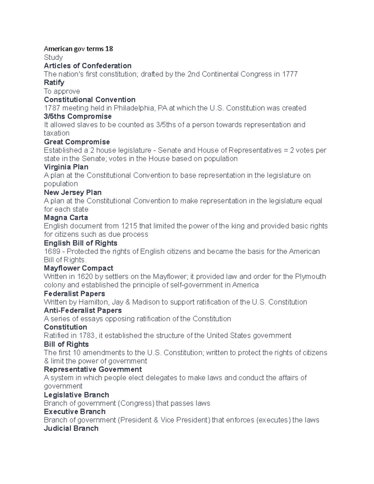 American gov terms 14 - Constitution was created 3/5ths Compromise It ...