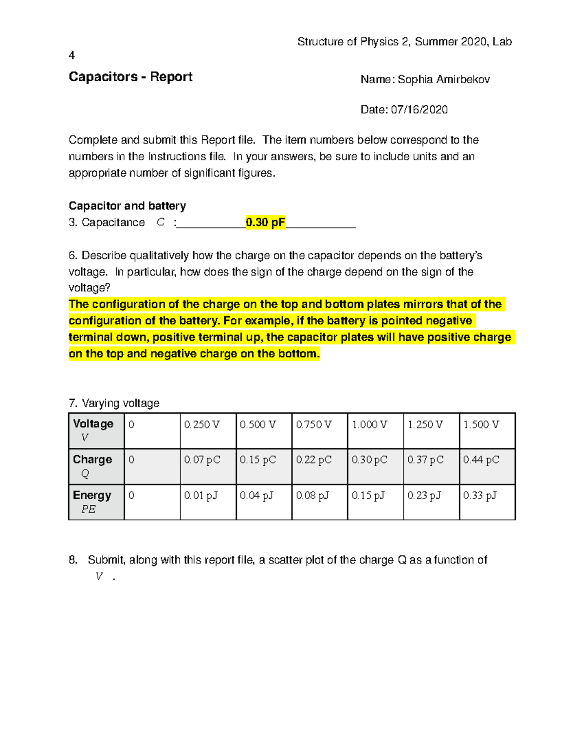Capacitors Physcis Lab - 4 Capacitors - Report Complete and submit this ...