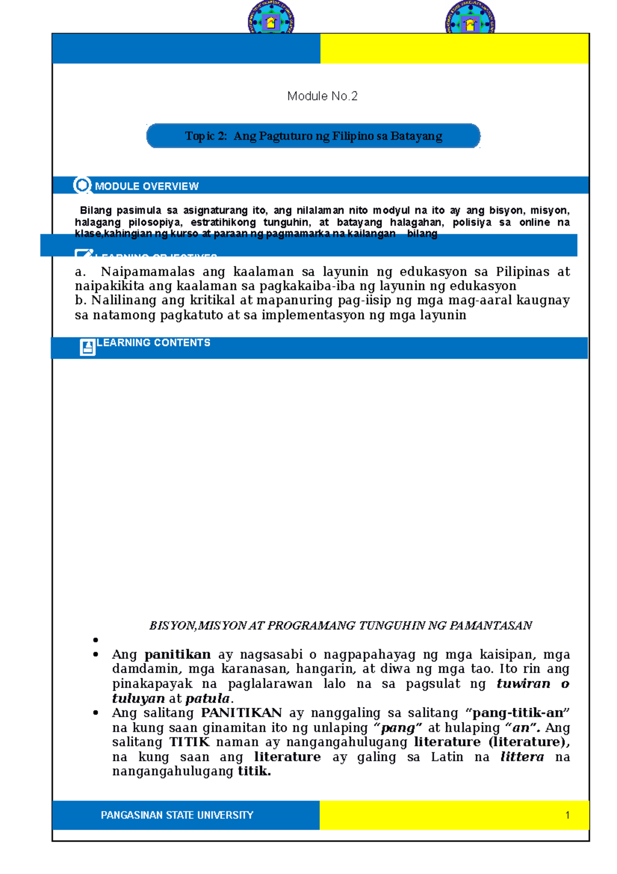 SG2 Filipino 103 - Module for learners in Fil 103 - Module No. MODULE ...