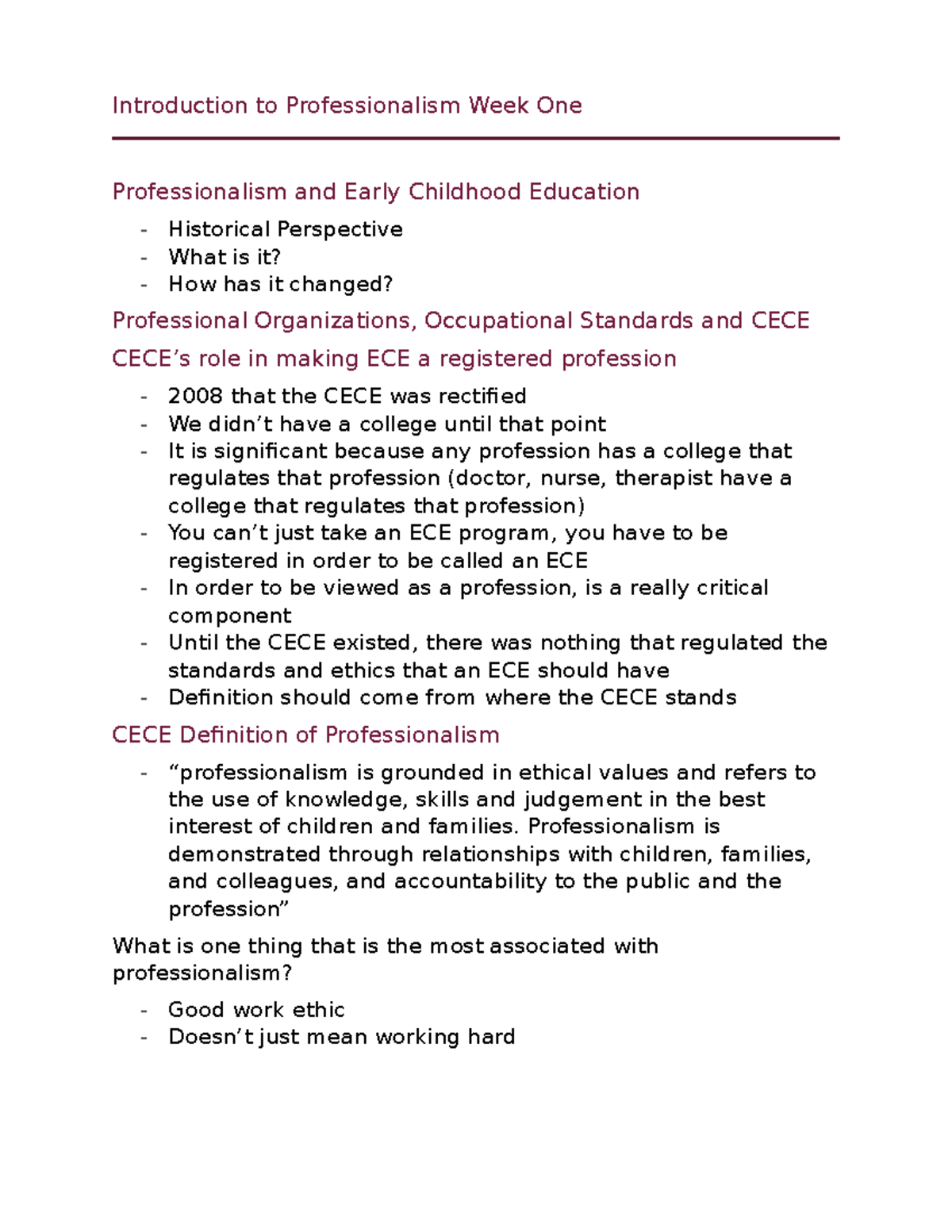 Introduction to Professionalism Week One - Introduction to ...