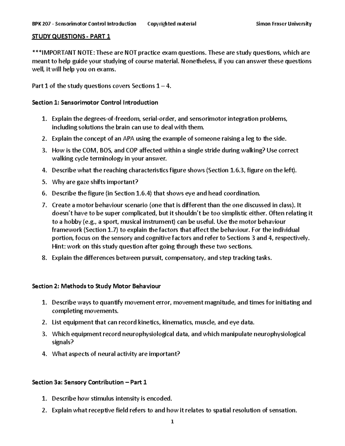 BPK 207 Study Guide 1-4 - BPK 207 - Sensorimotor Control Introduction ...