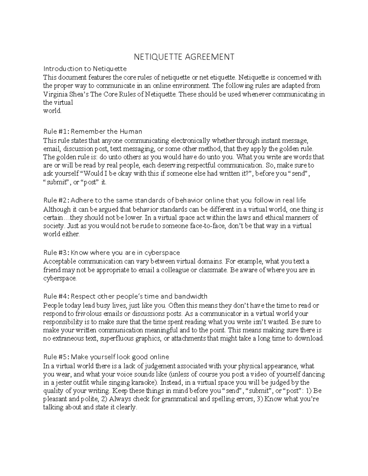 Netiquette+ Agreement - NETIQUETTE AGREEMENT Introduction to Netiquette ...