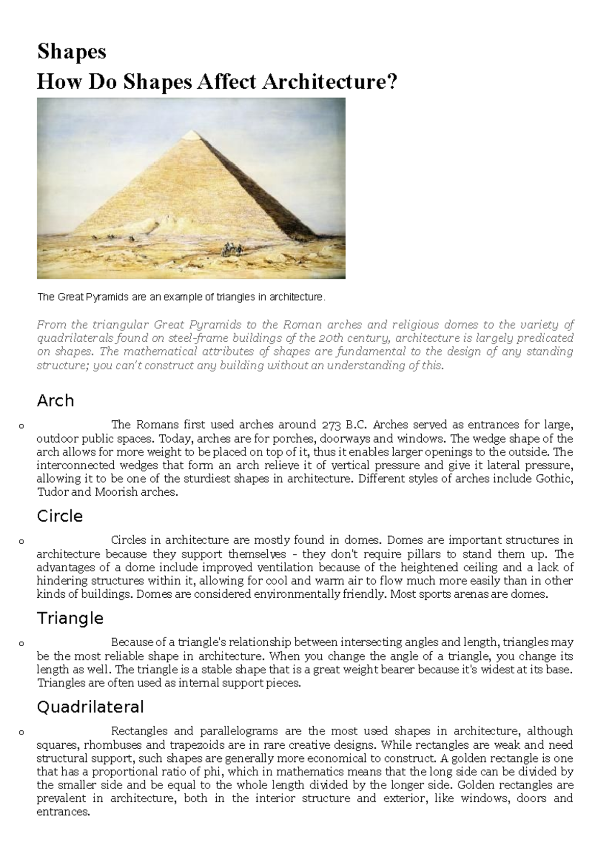Shapes - From the triangular Great Pyramids to the Roman arches and ...