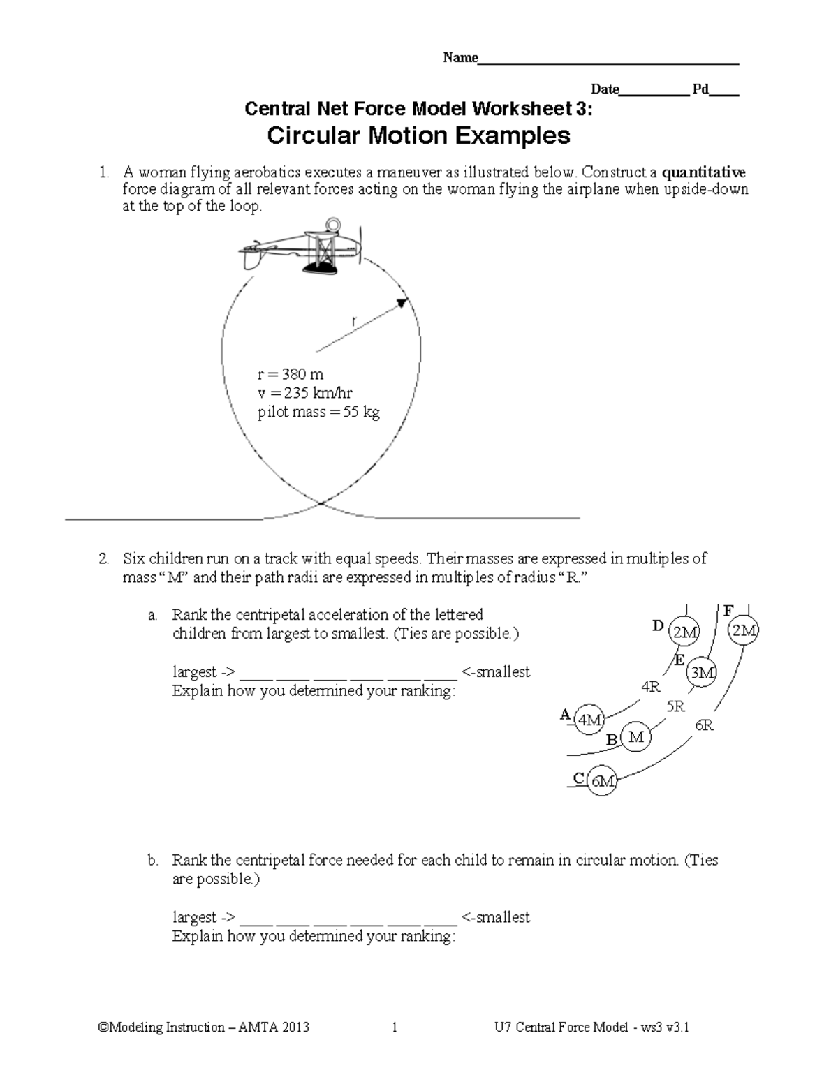 06 U7 ws3 - physics - Name Date Pd Central Net Force Model Worksheet 3: Circular Motion Examples ...