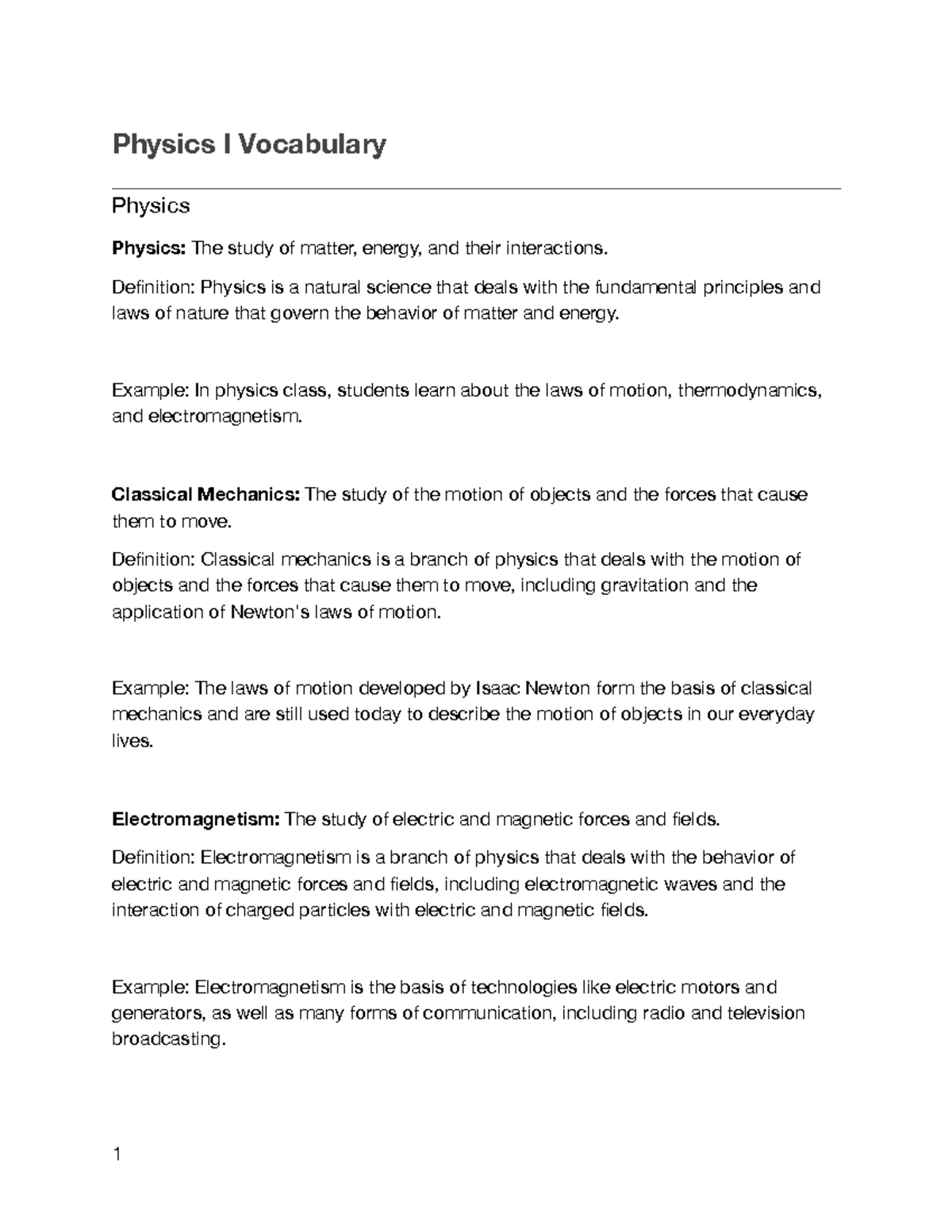 Physics I Vocabulary - Studocu